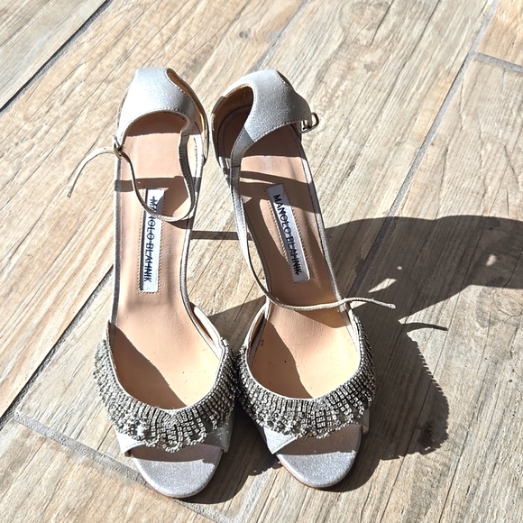 Manolo Blahnik | Shoes | Manolo Blahnik Silver Satin Stilettos With ...